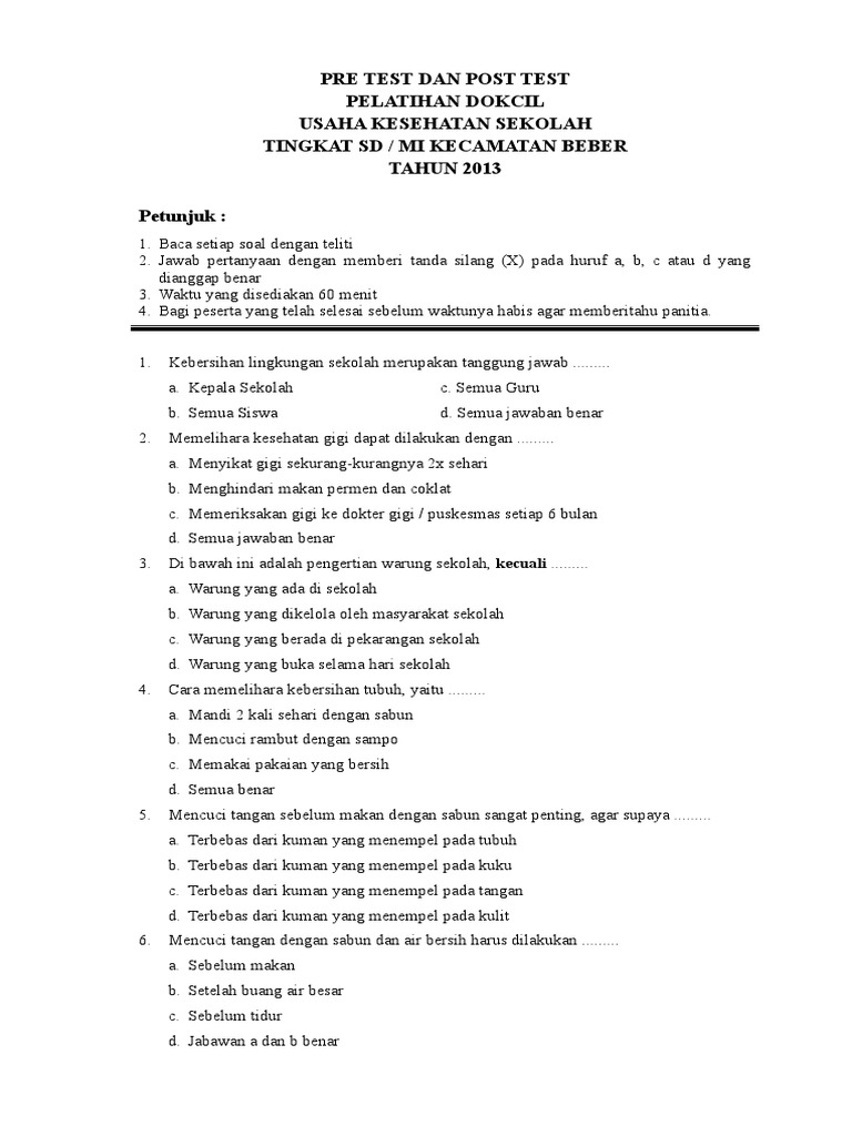 Pre Test dan Post Test UKS SD 2013 | PDF