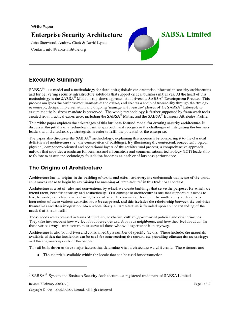 SABSA White Paper | PDF | Computer Security | Security