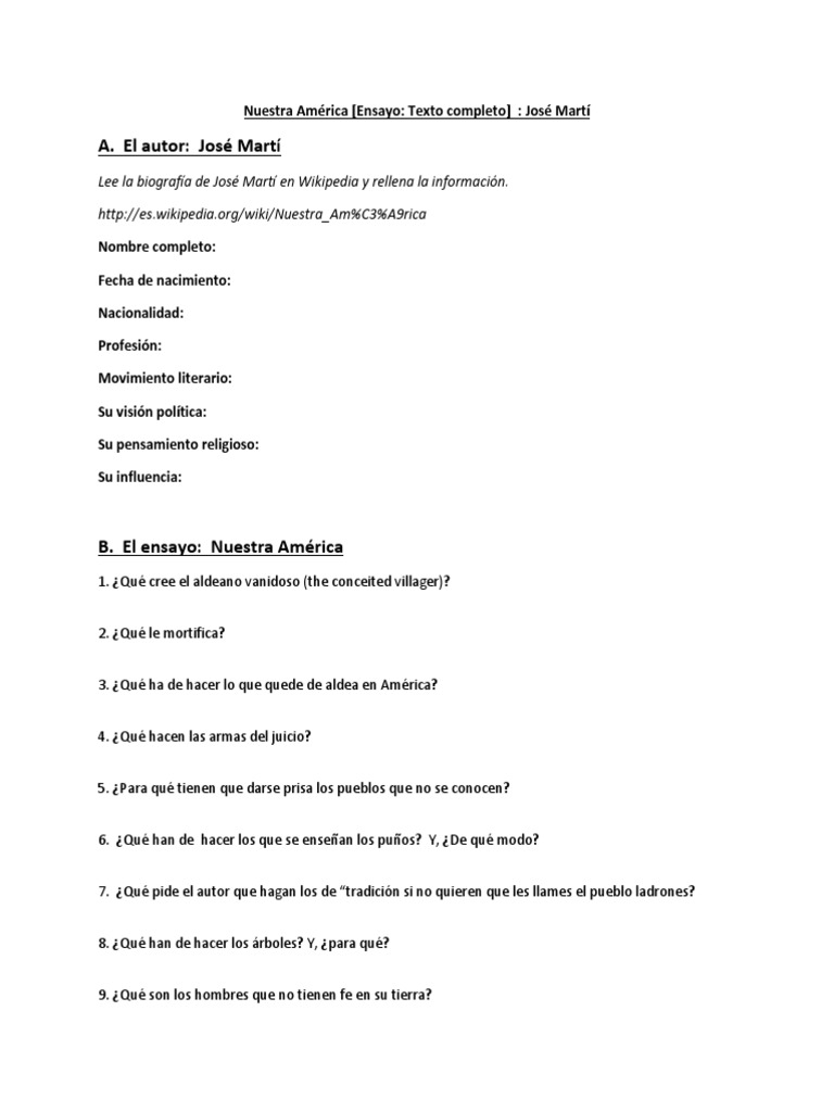 Jose Marti Nuestra America Preguntas | PDF | Américas | America latina