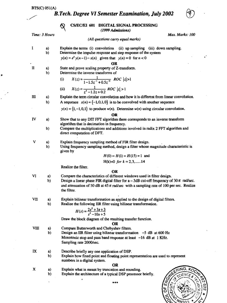 Cusat DSP Question Paper | PDF | Teaching Methods & Materials | Science & Mathematics
