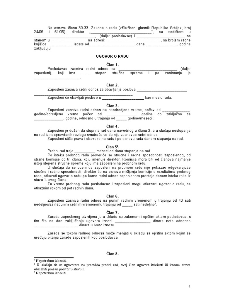 Ugovor o Radu - Obrazac