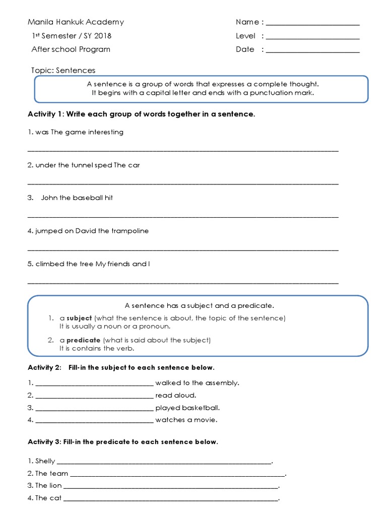 Activity 1: Write Each Group of Words Together in A Sentence | PDF ...