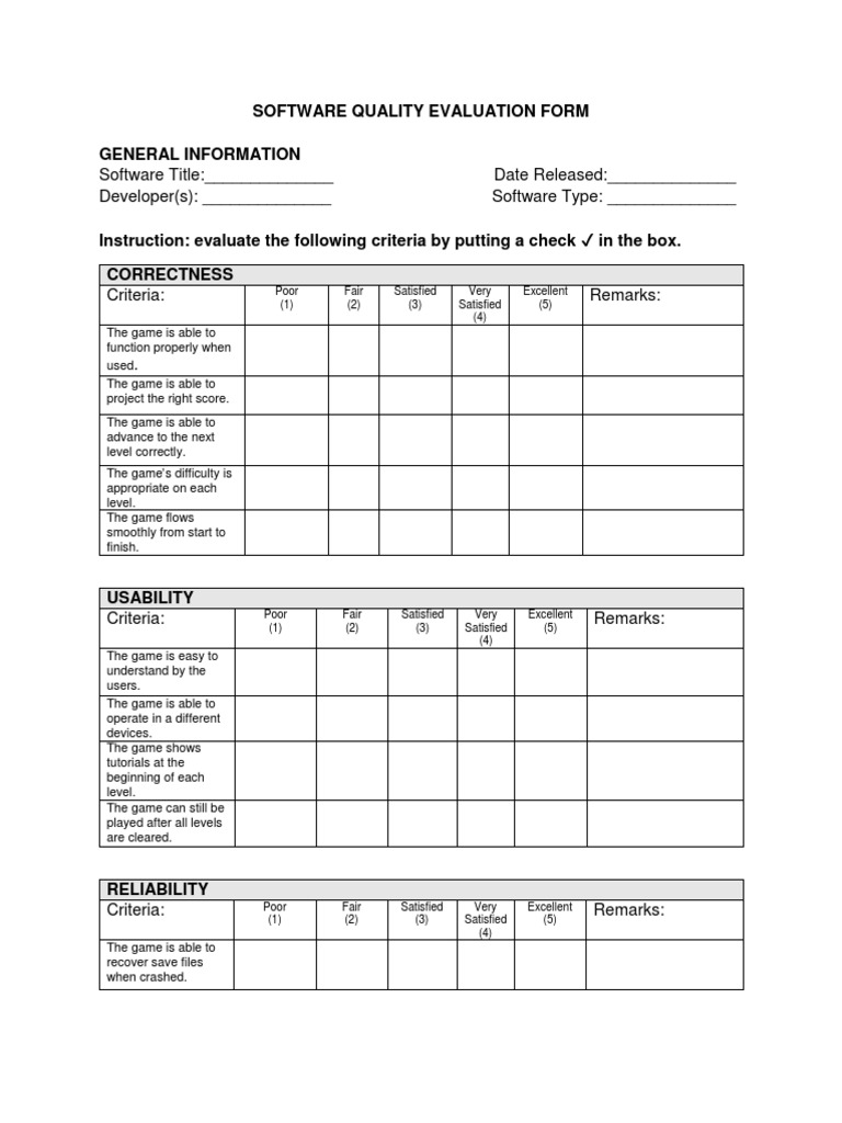 Software Quality Evaluation Form General Information: Poor (1) Fair (2 ...