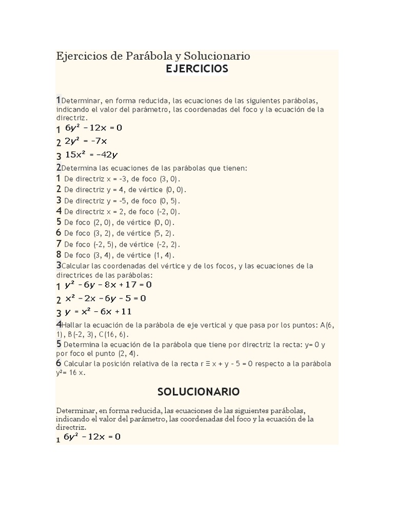 Ejercicios y Soluciones de Parábolas | PDF