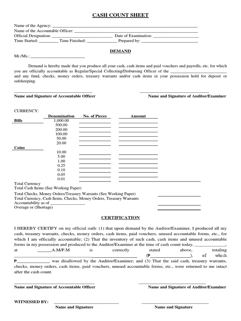 Cash Count Sheet | PDF | Cash | Money Order