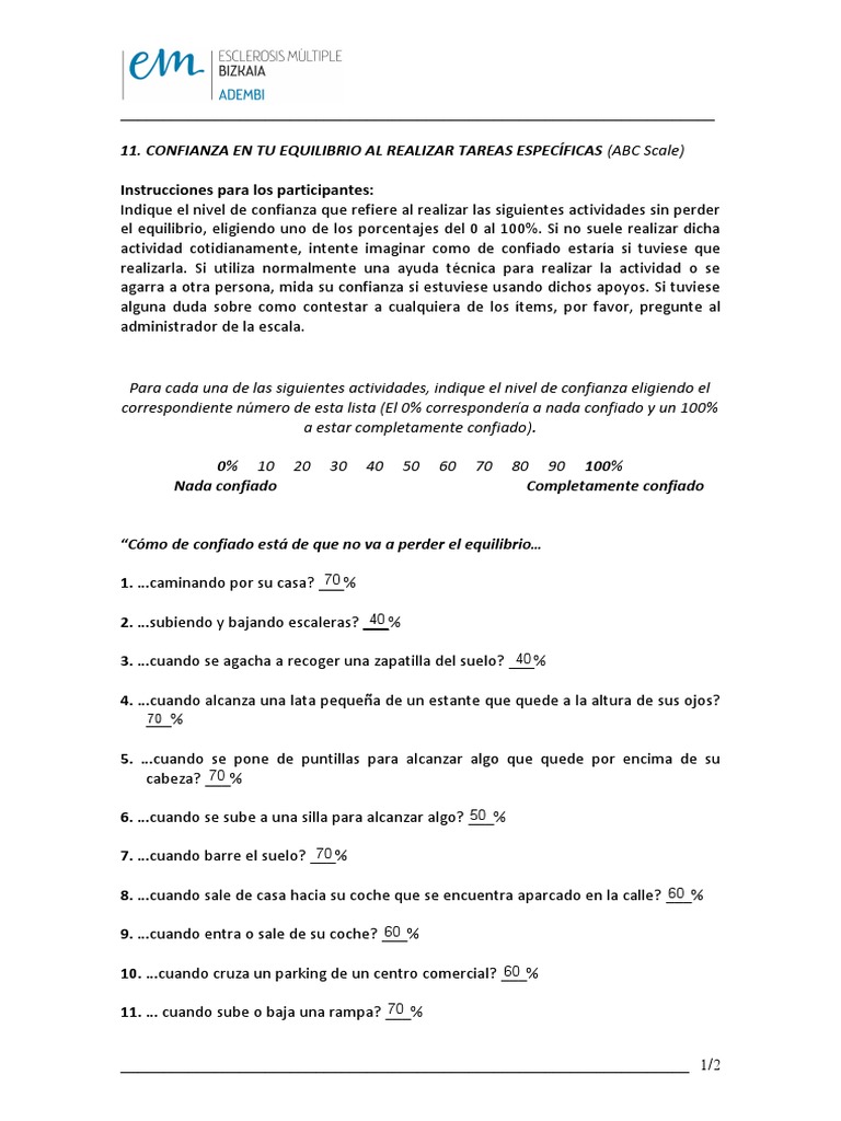Activities Specific Balance and Confidence Questionnaire (ABC) Spanish ...