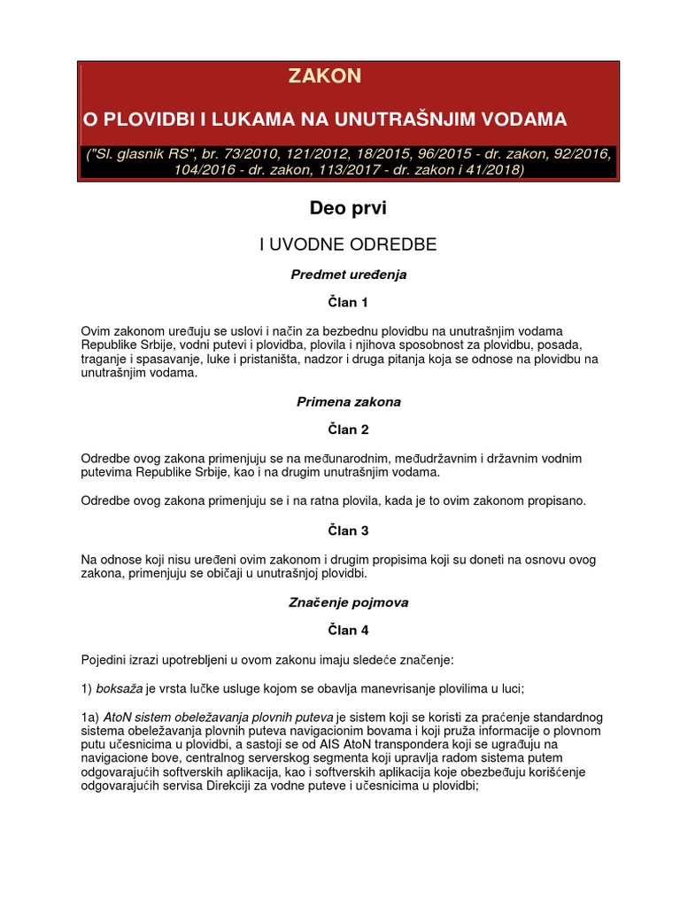 Zakon o Plovidbi I Lukama Na Unutrasnjim Vodama 41 2018 | PDF