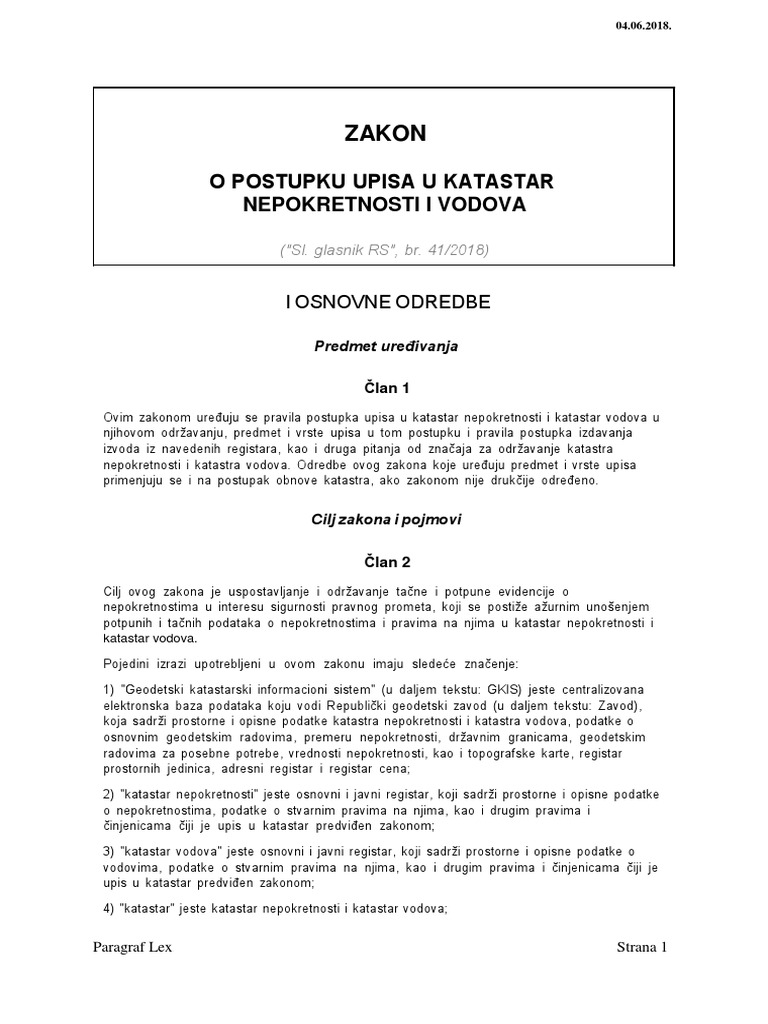 Zakon o Postupku Upisa U Katastar Nepokretnosti I Vodova 41 2018 | PDF