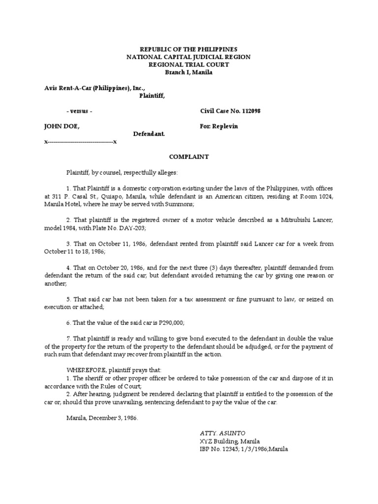 Sample Replevin | PDF | Plaintiff | Government Information