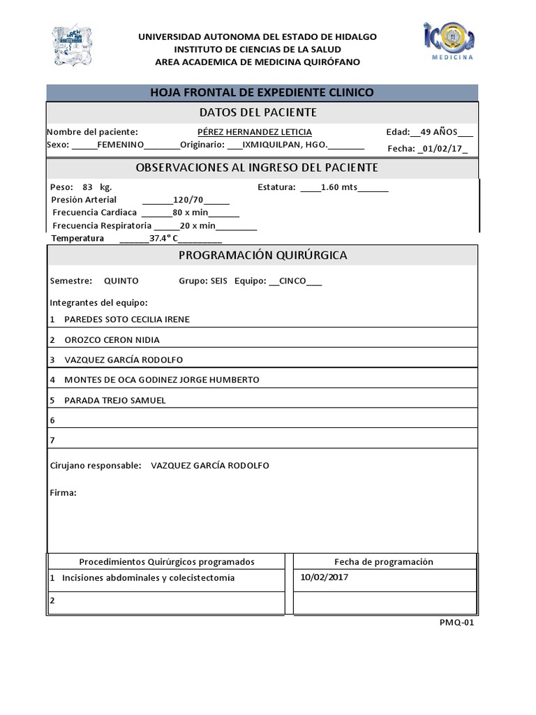 Formato de Expediente Clínico CX Colecistectomia | Cirugía | Pulmón
