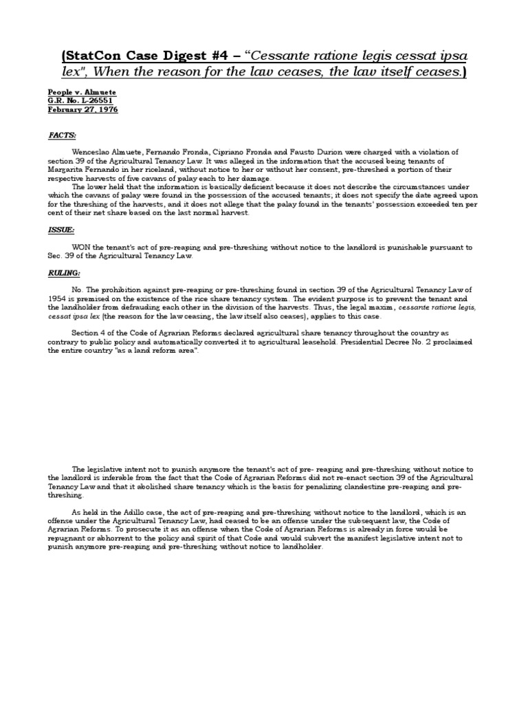 StatCon Case Digest #4 - Cessante Ratione Legis Cessat Ipsa Lex | PDF | Leasehold Estate ...