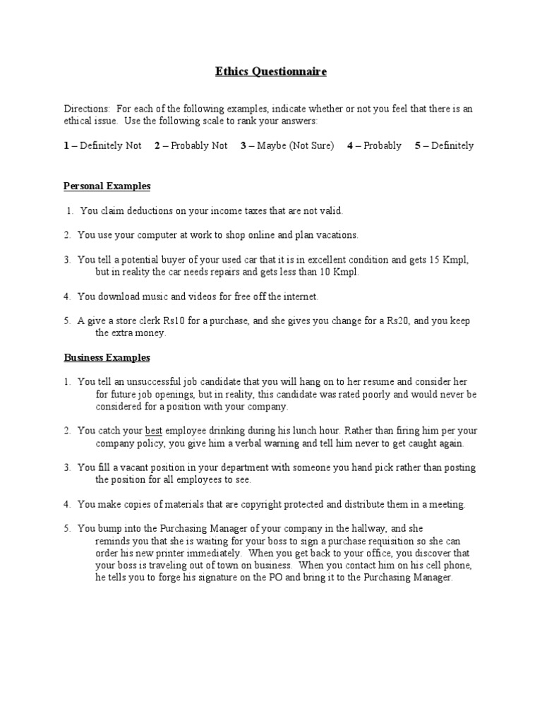 The Role of Ethics and Values Questionnaire | PDF | Business Ethics ...