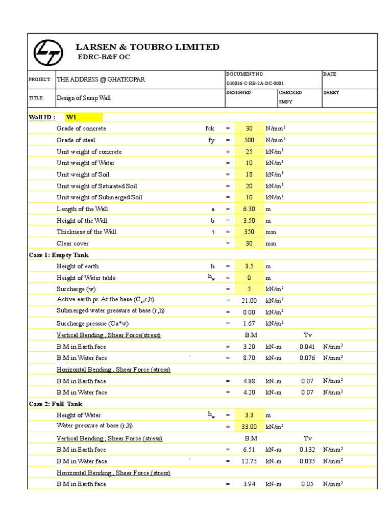 Sump Wall Design - From Staad | PDF | Bending | Structural Engineering