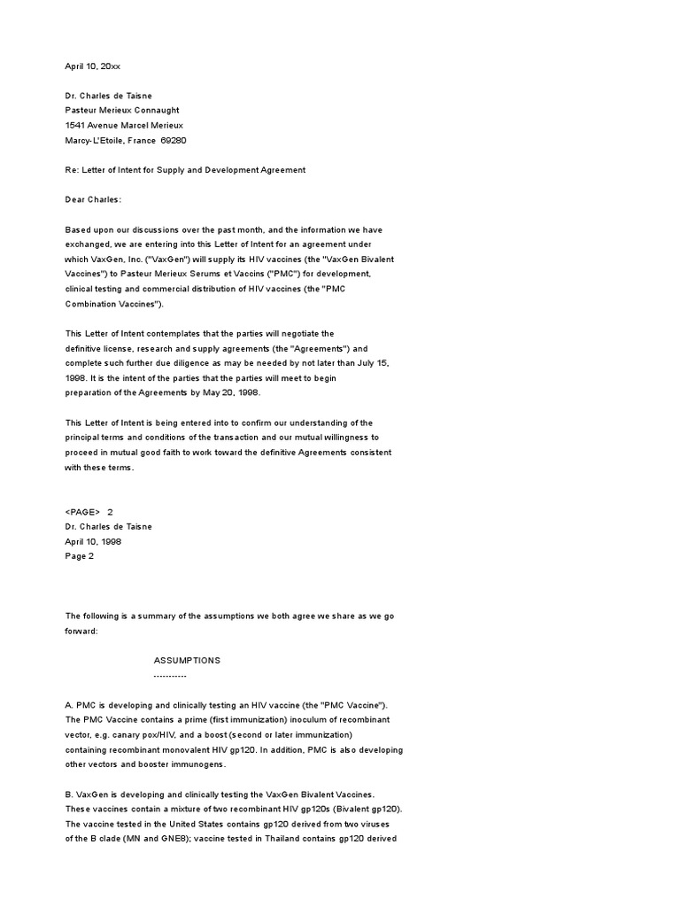 Sample Business Letter of Intent To Supply Word Printable | PDF ...