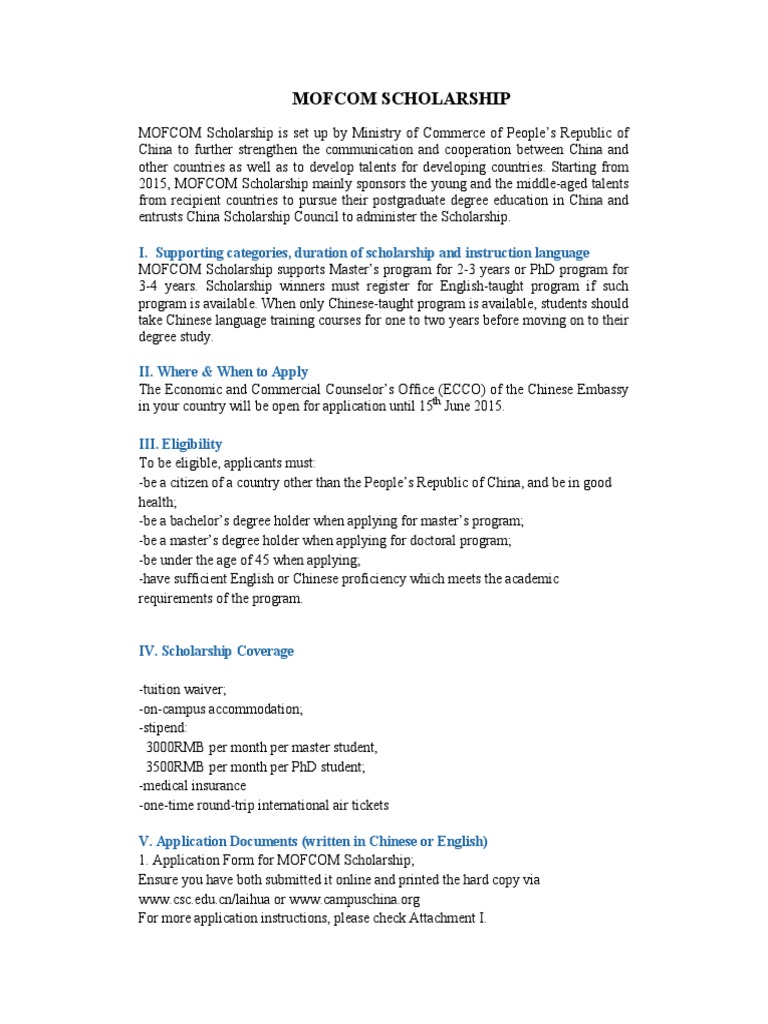 Mofcom Scholarship | PDF | Doctor Of Philosophy | Academic Degree