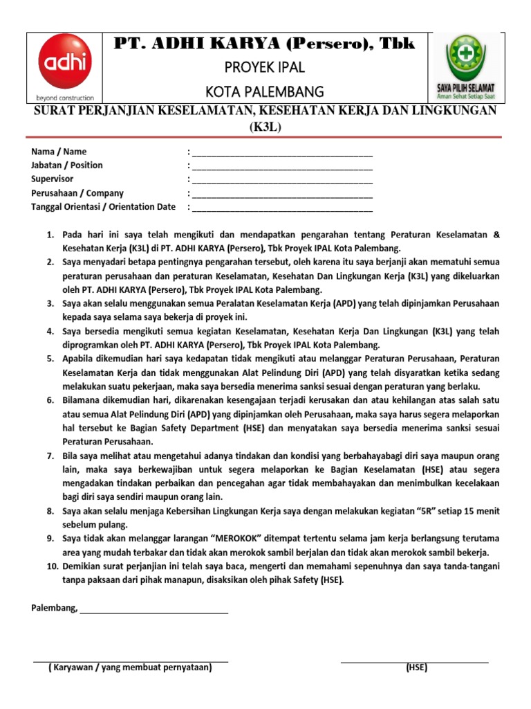 Form Kontrak K3L (Safety Induction) | PDF