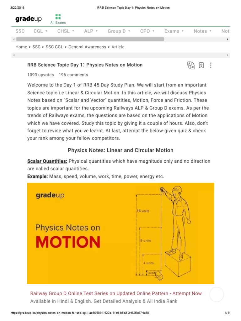 RRB Science Topic Day 1 - Physics Notes On Motion | PDF | Velocity | Force