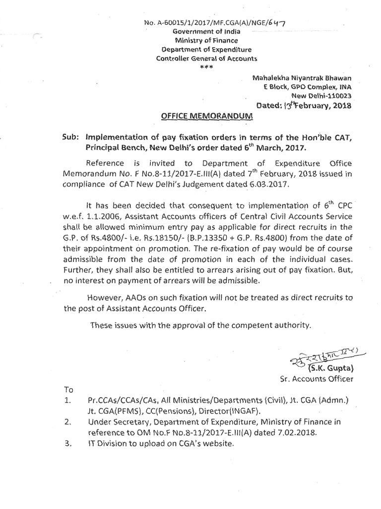 Cga Orders Implementation of Pay Fixation Orders in Terms of The Honble ...