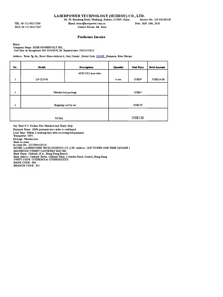 Proforma Invoice for CO2 Laser Tubes | PDF