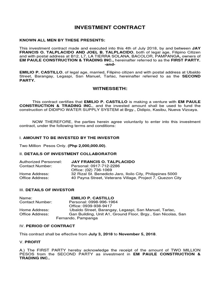 Sample Investment Contract | PDF | Investing | Virtue