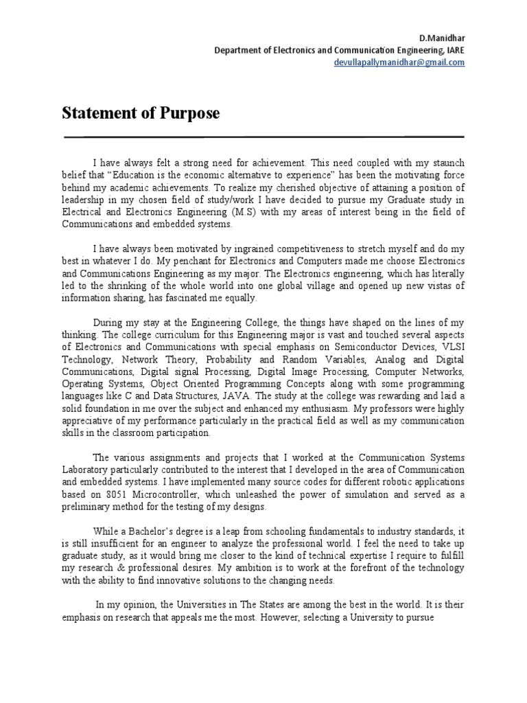 Statement of Purpose for MS in EE | PDF | Electronics | Electrical ...