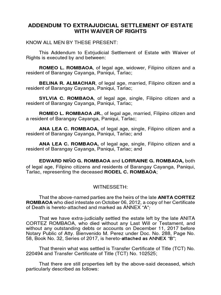 Addendum To Extrajudicial Settlement of Estate With Waiver of Rights | PDF | Civil Law (Common ...