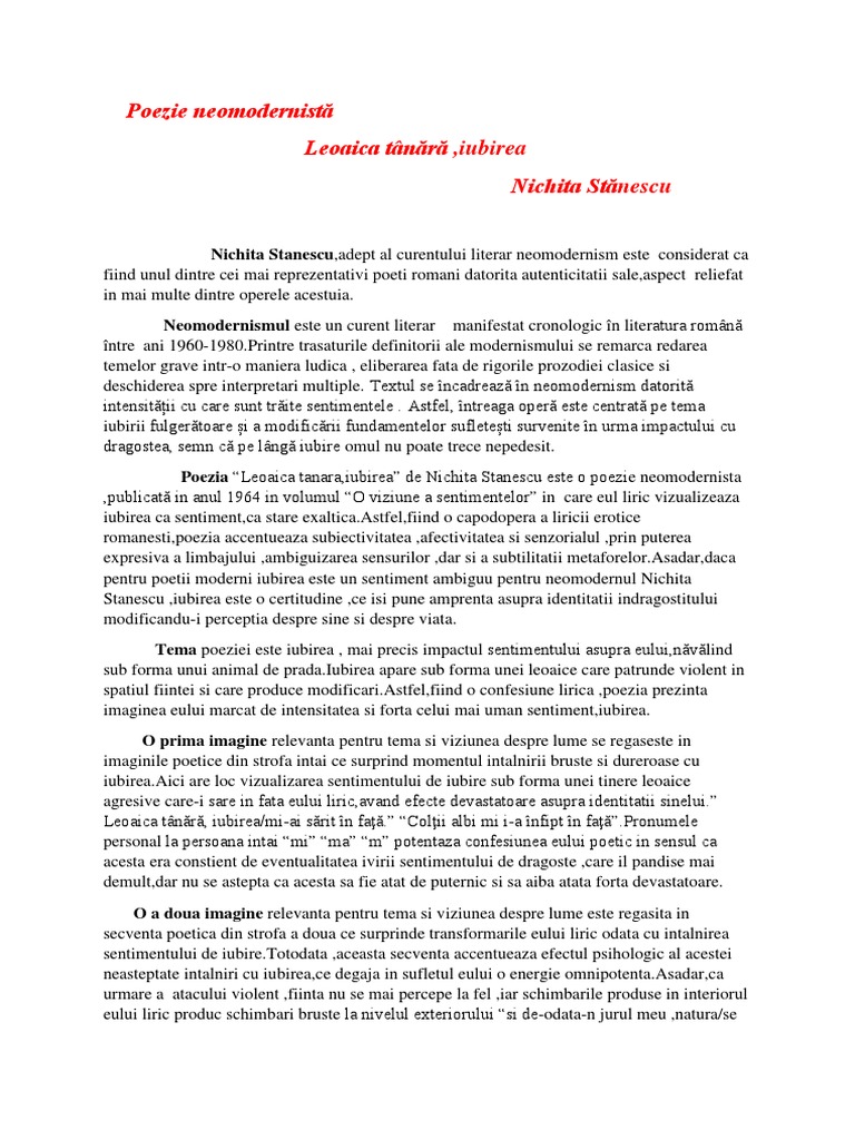 Leoaica Tanara, Iubirea Nichita Stanescu | PDF