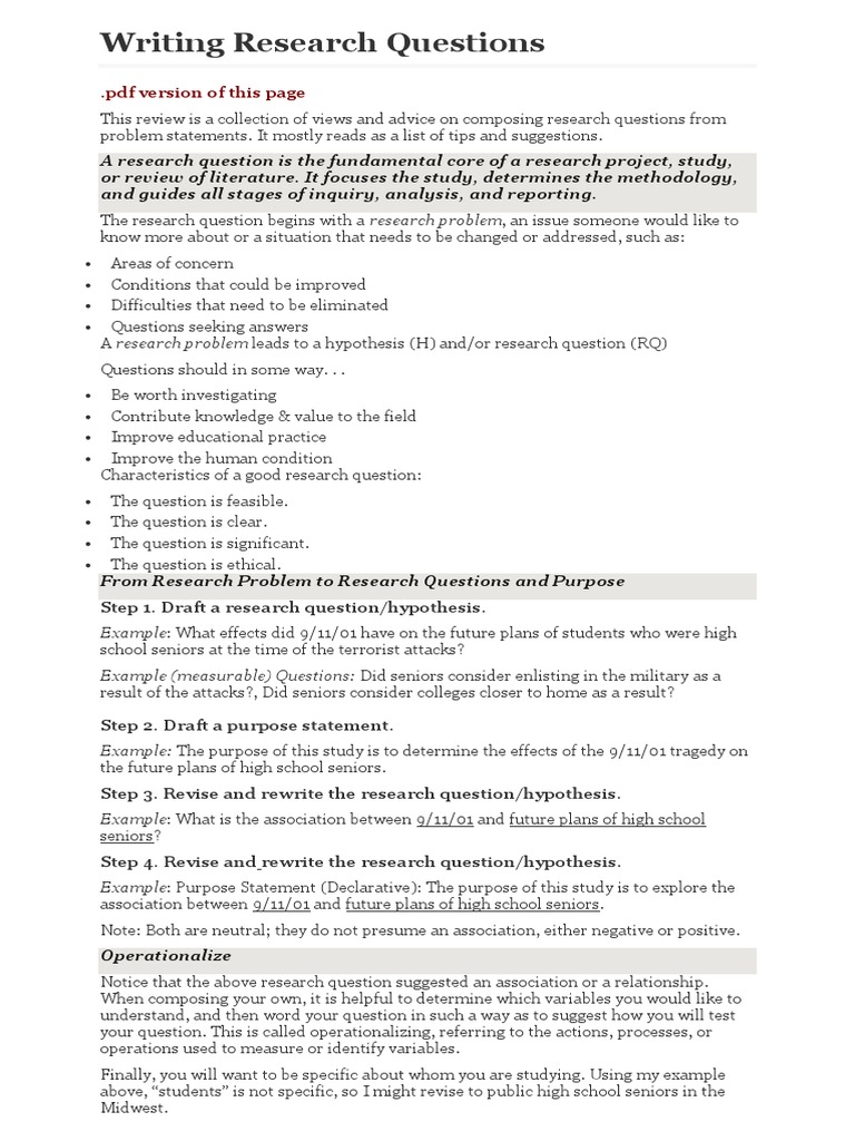 Writing Research Questions: .PDF Version of This Page | PDF | Question ...