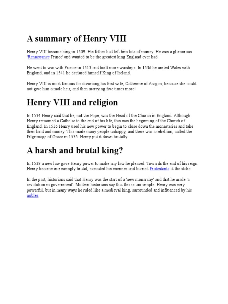 A Summary of Henry VIII | PDF | Henry Viii Of England | Kingdom Of England