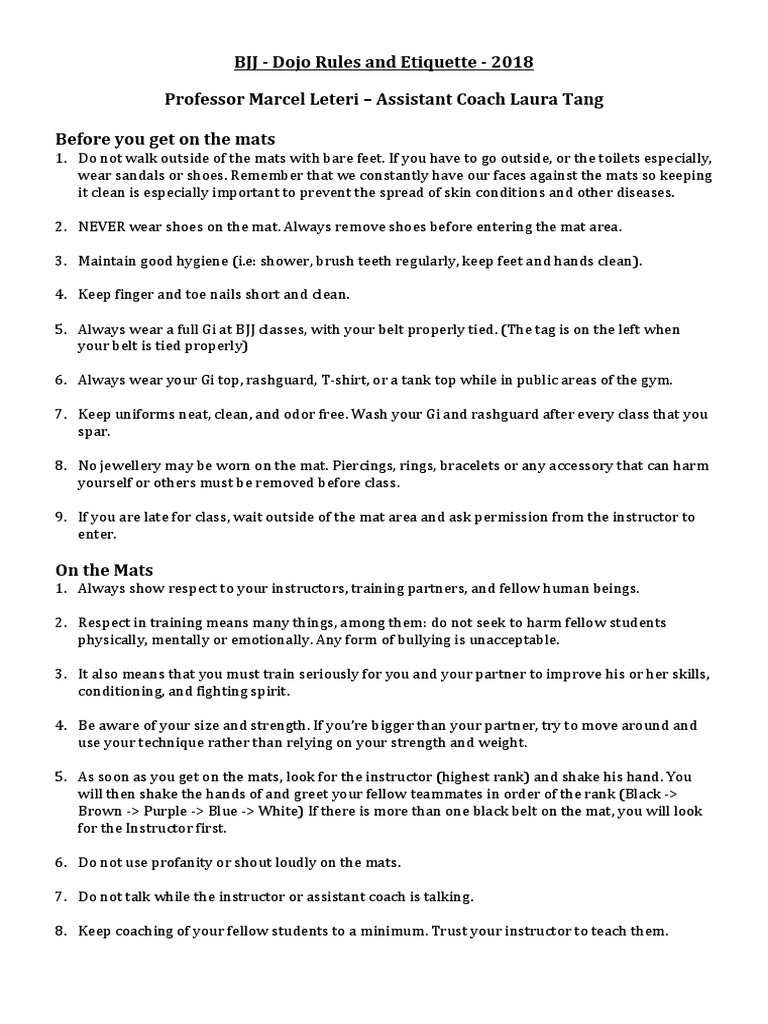 BJJ - Dojo Rules and Etiquette - 2018 Professor Marcel Leteri ...