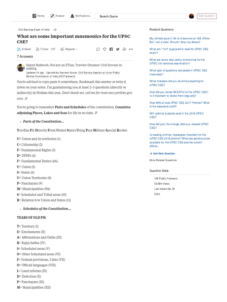 Mnemonics For The UPSC CSE - Quora | PDF