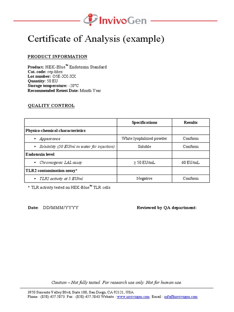 Certificate of Analysis (Example) : Product Information | PDF