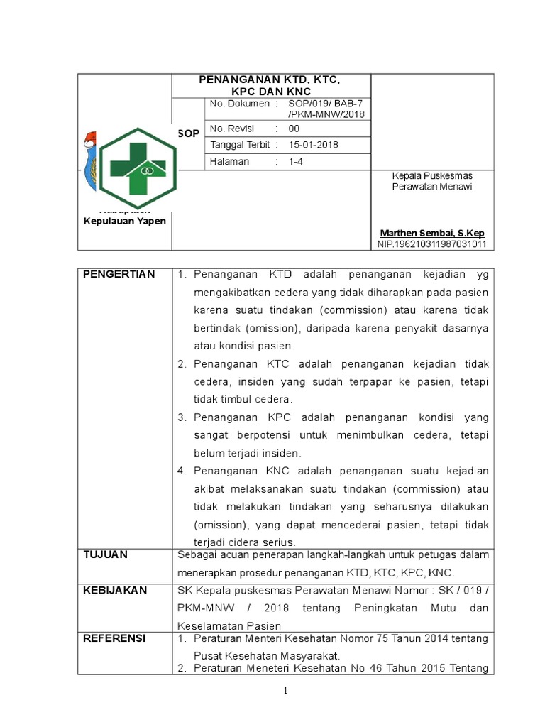 9.1.1.6 Sop Penanganan KTD, KTC, KPC, KNC | PDF