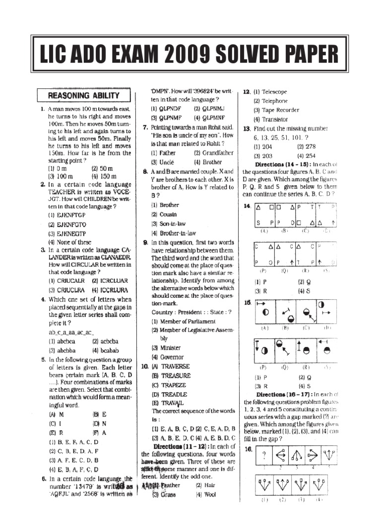 LIC ADO Exam 2009 Solved Paper | PDF