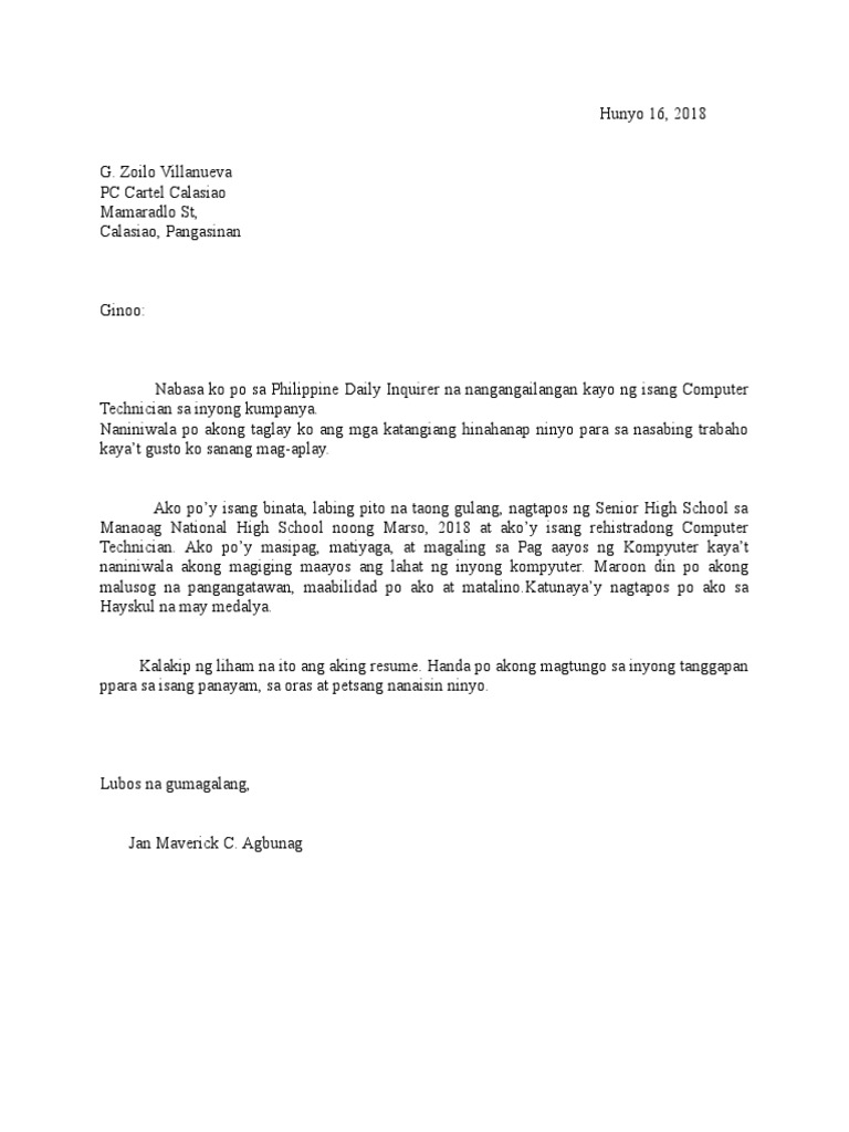 Application Letter Tagalog | PDF