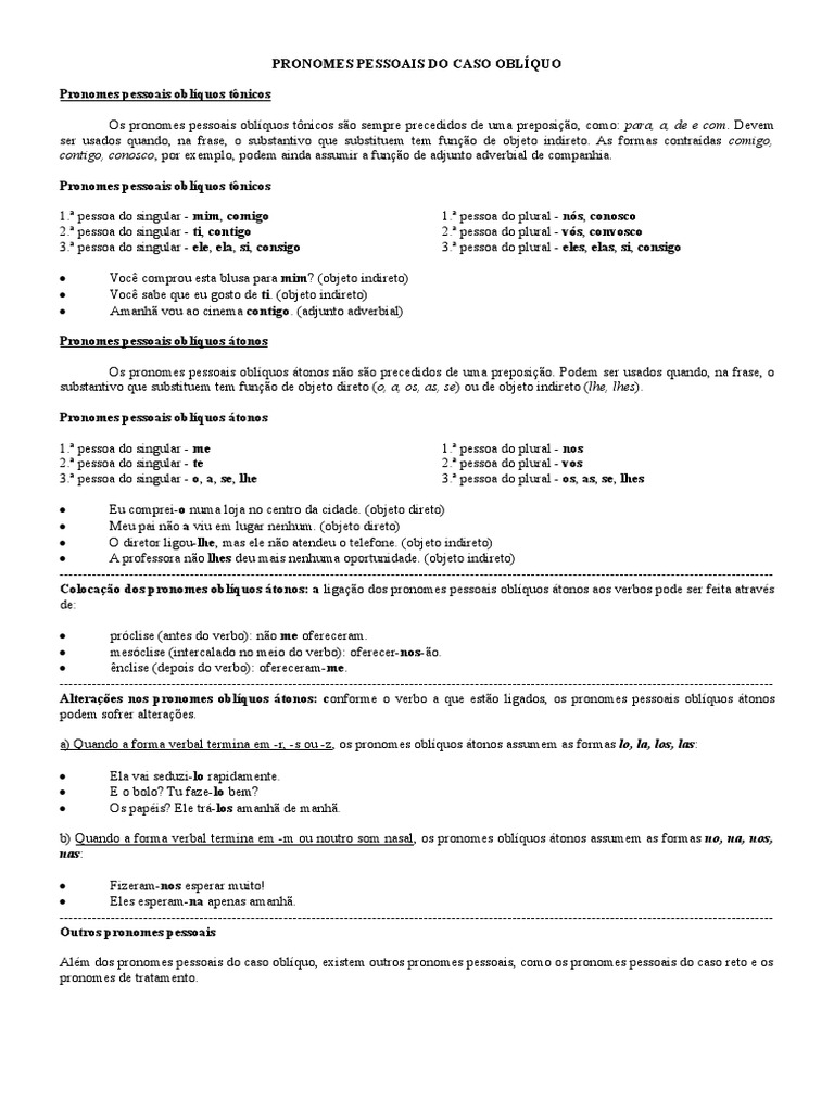 Pronomes Pessoais Oblíquos Explicados | PDF | Pronome | Plural