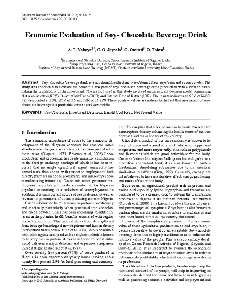 Economic Evaluation of Soy - Chocolate Beverage Drink | PDF | Soybean ...