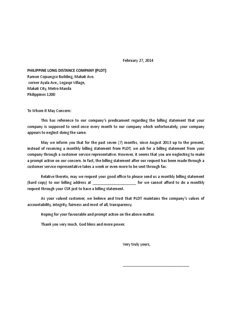 PLDT Complaint Letter | PDF