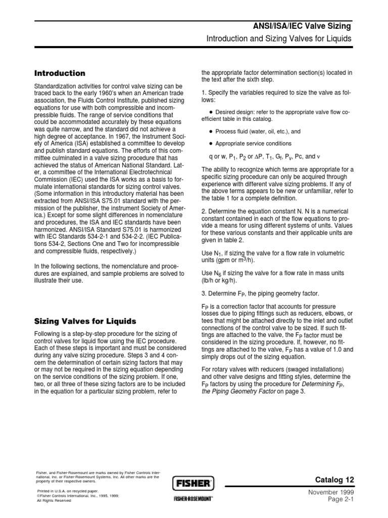 Introduction and Sizing Valves For Liquids: ANSI/ISA/IEC Valve Sizing ...