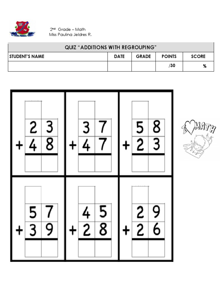 2nd Grade Math Quiz: Additions Regrouping | PDF