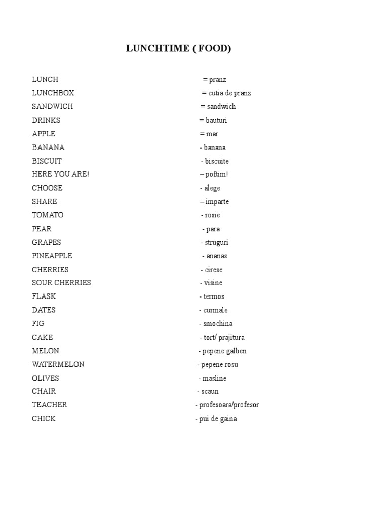 Lunchtime Words | PDF | Fruit | Food And Drink Preparation