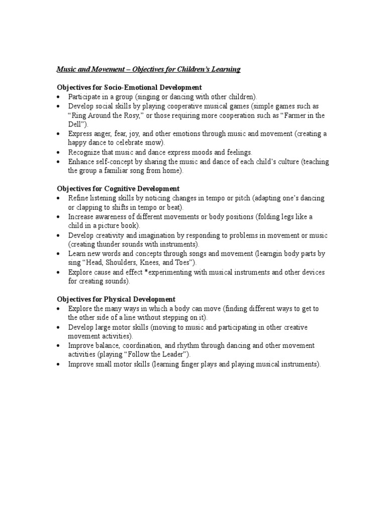 Music and Movement Learning Objectives | PDF