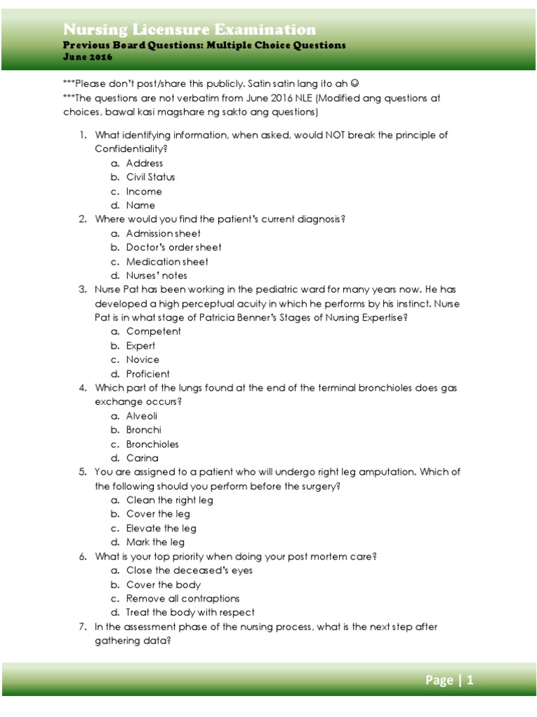 June 2016 NLE Sample Questions | PDF | Blood Pressure | Shock (Circulatory)
