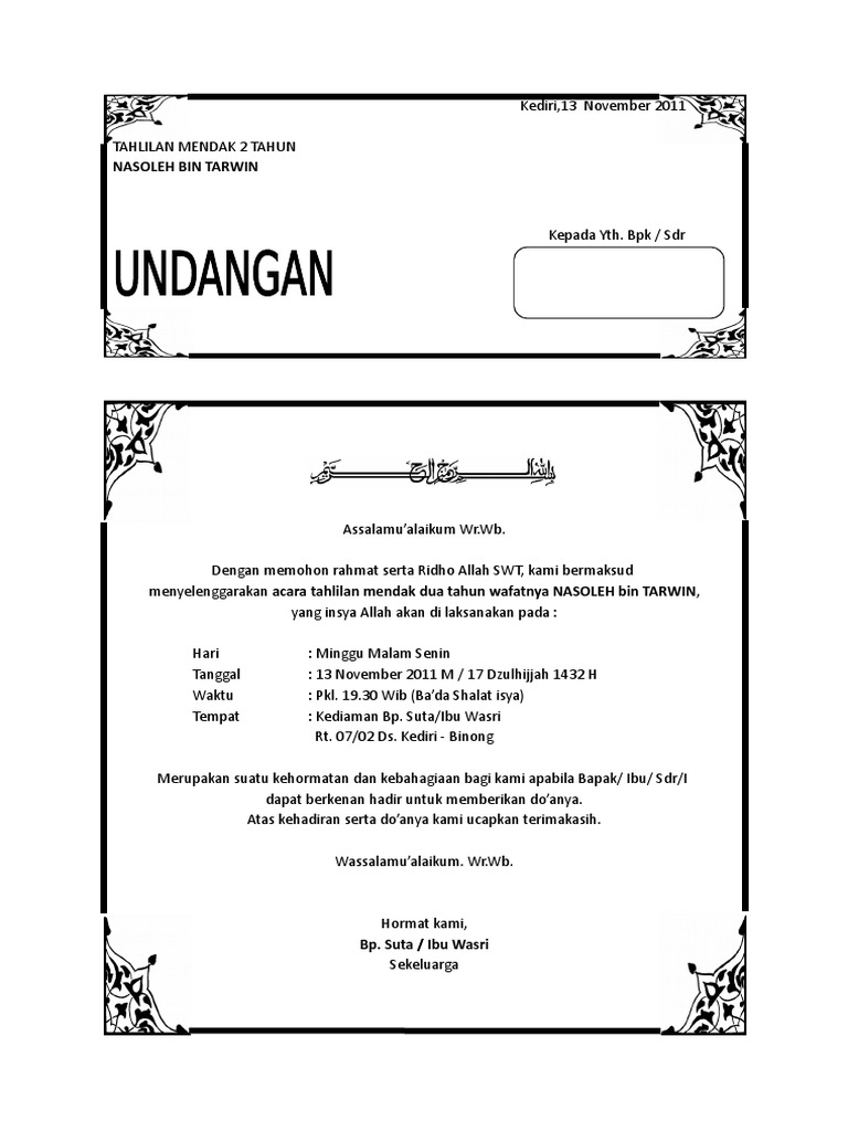 Undangan Tahlilan Mendak 2 Tahun | PDF
