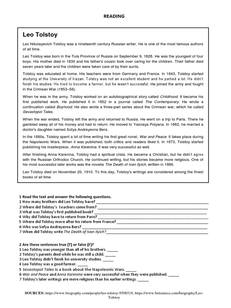 Leo Tolstoy: Reading | PDF | Leo Tolstoy | Novels