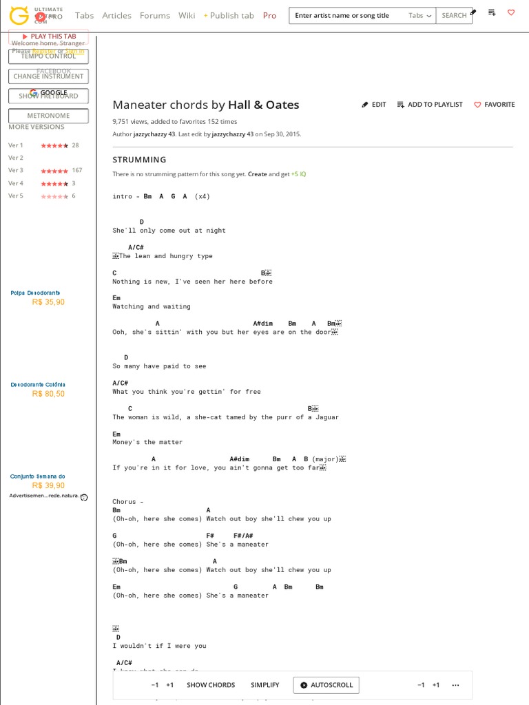 MANEATER CHORDS (Ver 5) by Hall & Oates @ PDF | PDF | Leisure ...