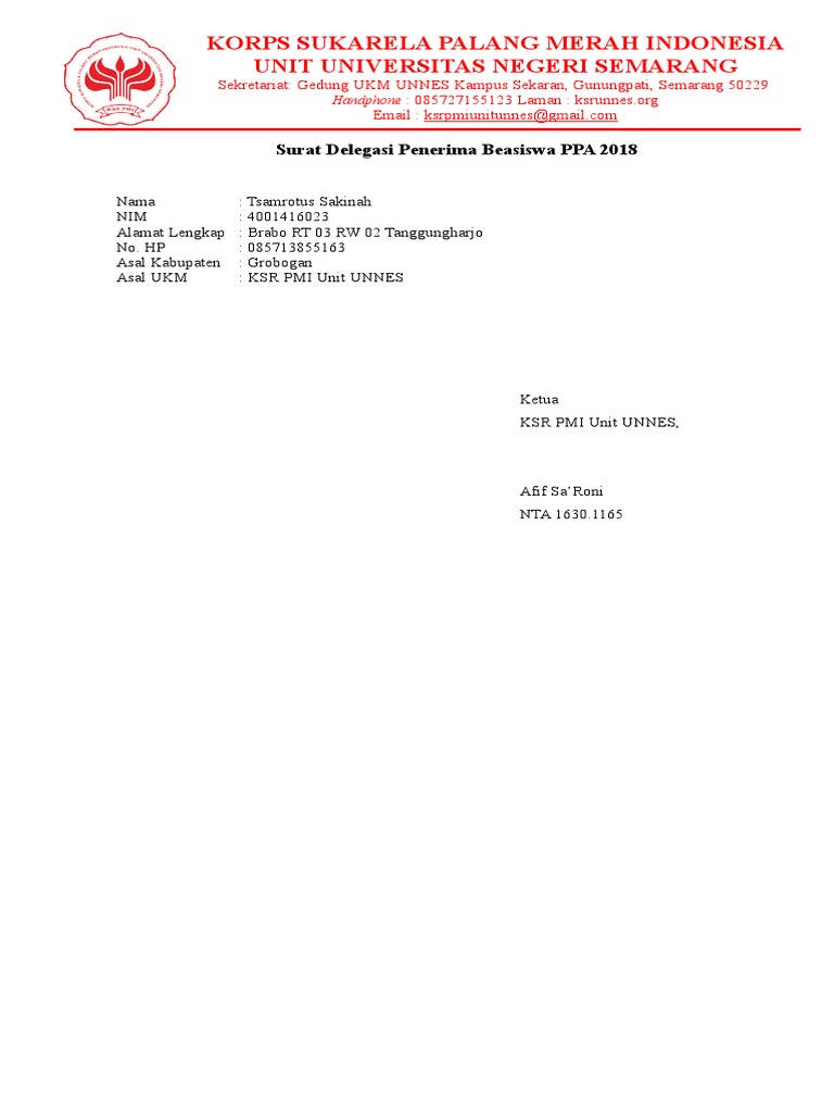 Surat Beasiswa PPA 2018 KSR PMI UNNES | PDF