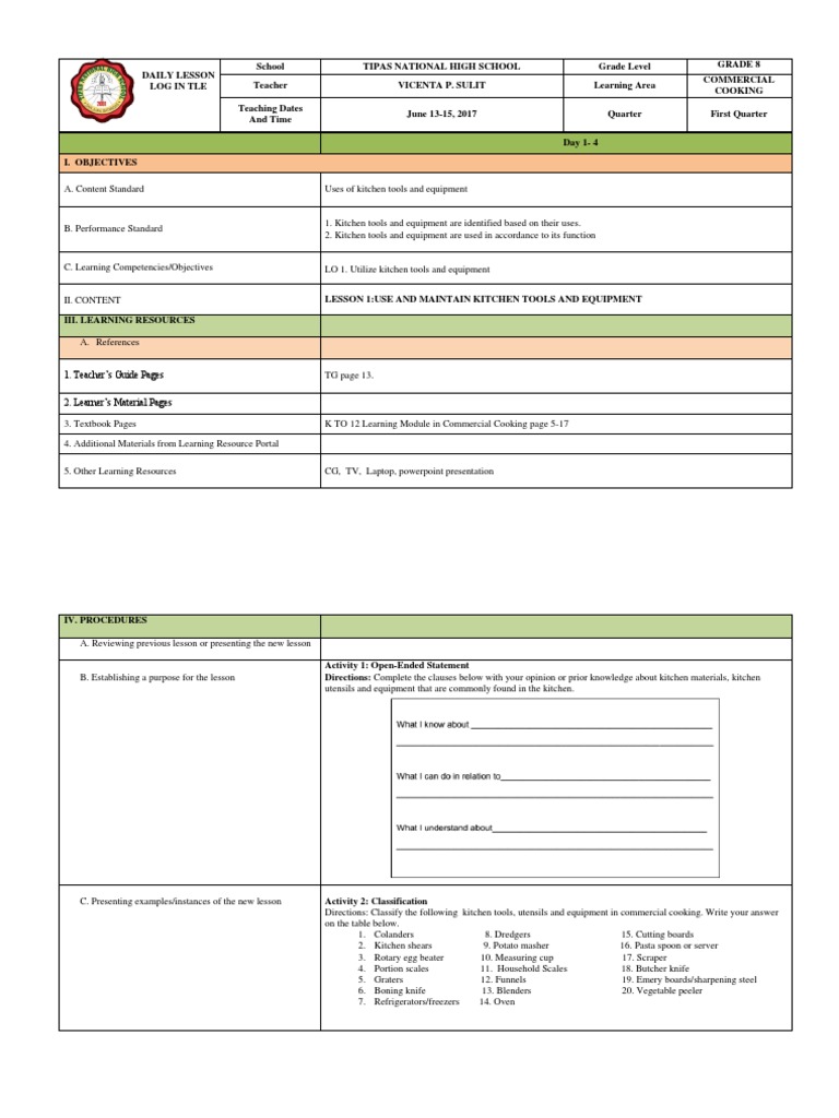Utilizing Kitchen Tools and Equipment in Commercial Cooking | PDF ...