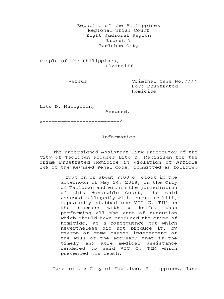 Sample Information Frustrated Homicide | PDF | Prosecutor | Homicide