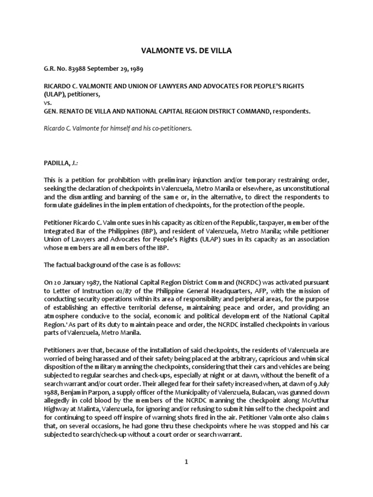 Valmonte vs. de Villa | PDF | Search And Seizure | Search Warrant